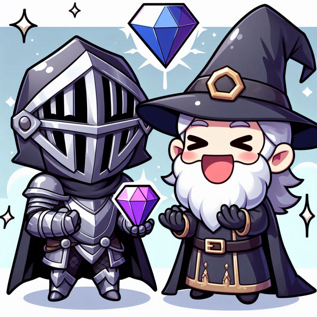 Cartoon characters of a dark knight and a dark wizard holding diamonds and smiling in MU ONLINE ...