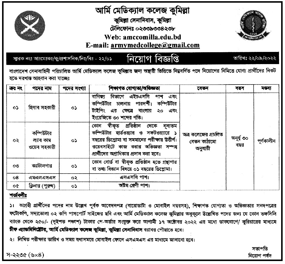 Army Medical College Job Circular 2022 - bdgovtjobs.com