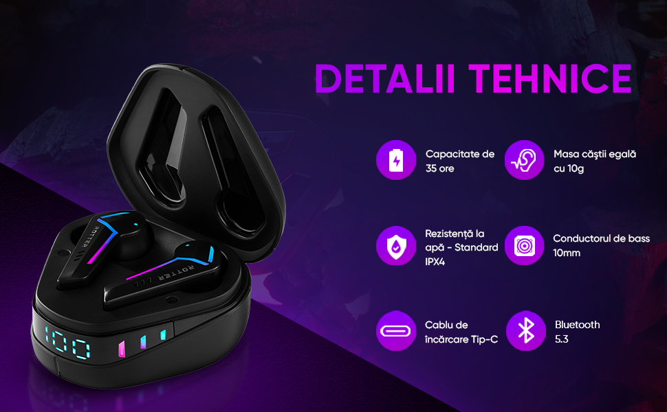 Casti gaming bluetooth ROTTER®, Wireless audio, Fara Fir, Afisaj ...