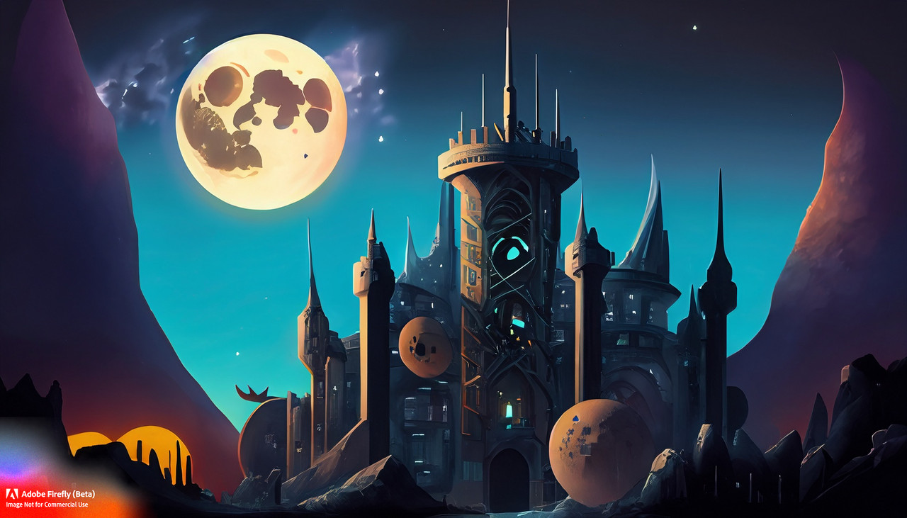 Firefly A futuristic castle with tall tower with a full moon night sky 14737 — Postimages