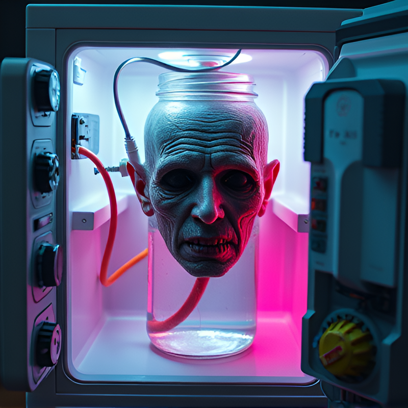 Severed Head Old Man Head Floating In A Jar Of Water Hooked Up To ...