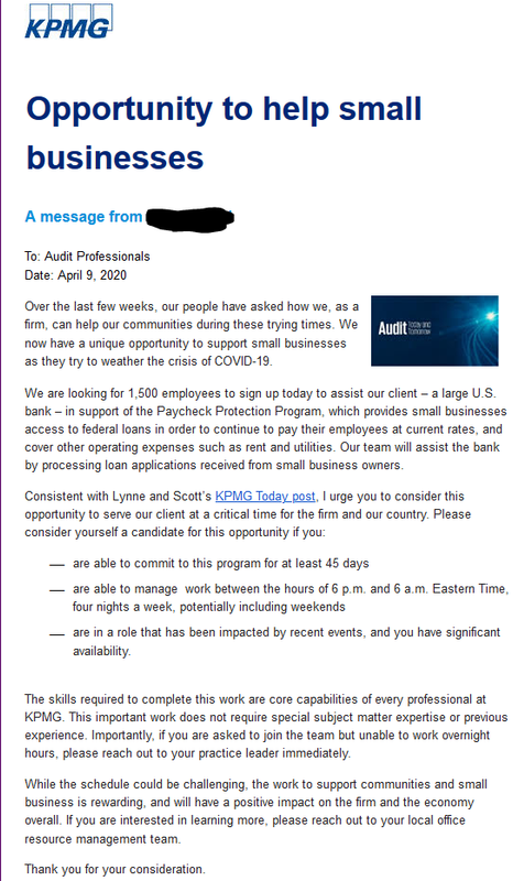 KPMG email asking staff to work 6pm-6am ET to process SBA loan ...