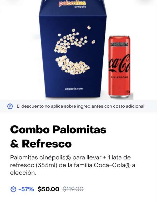Rappi Cinpolis Palomitas ha Refresco Combo (Rappi Prime)