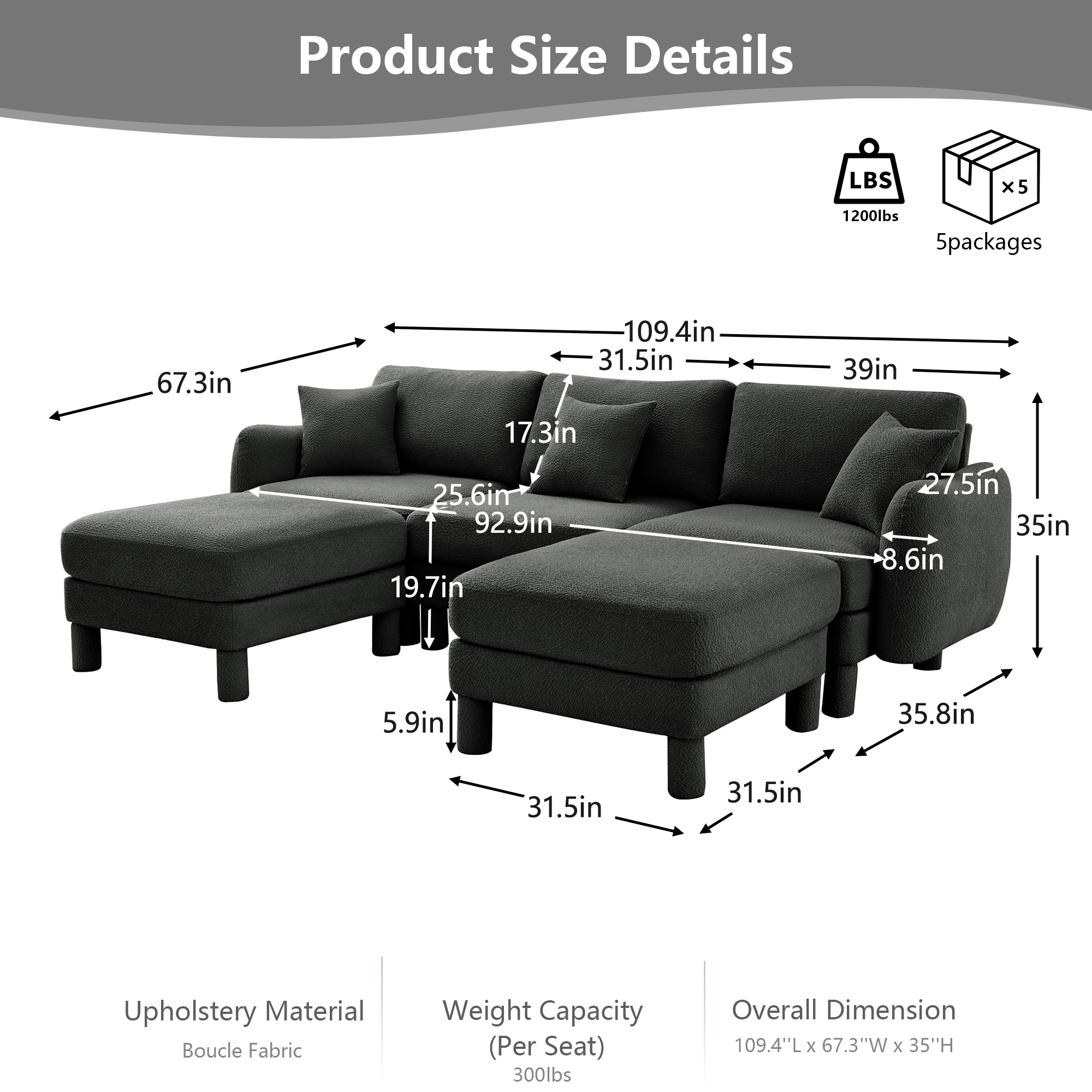 Boucle Fabric U-Shaped Sectional Sofa with Shell-Shaped Armrests & 2 ...
