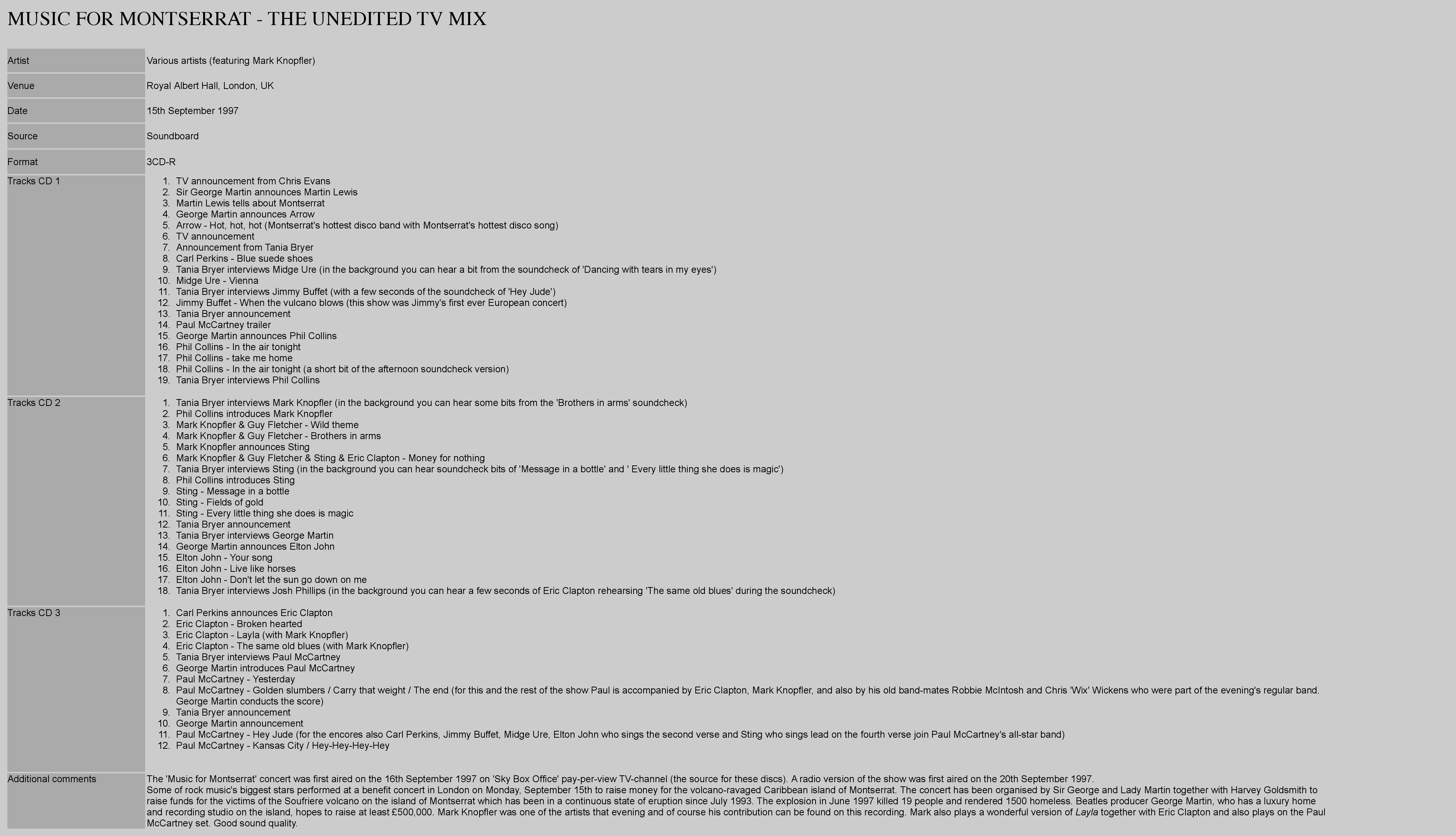 MUSIC FOR MONTSERRAT THE UNEDITED TV MIX — Postimages