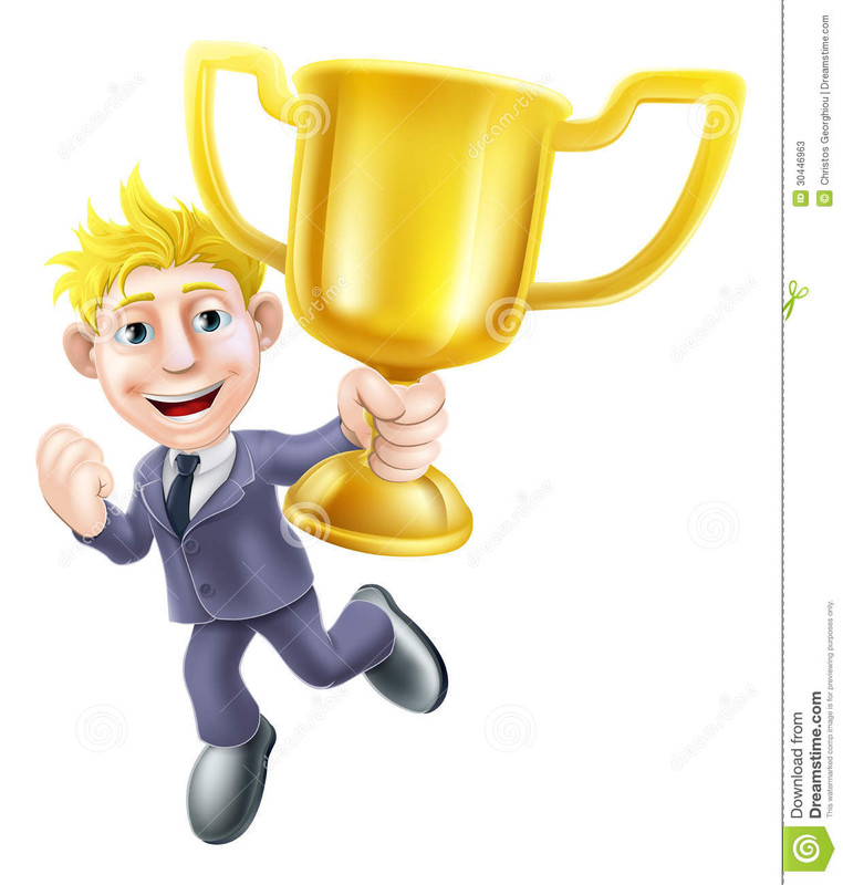 business man winner trophy cartoon character holding gold happil ...
