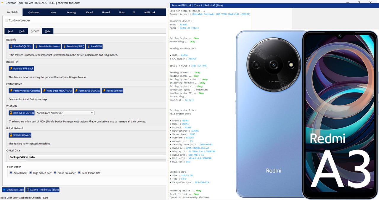 Redmi A3 (blue) Android 15 2025 security FRP Remove by CHEETAH TOOL PRO ...