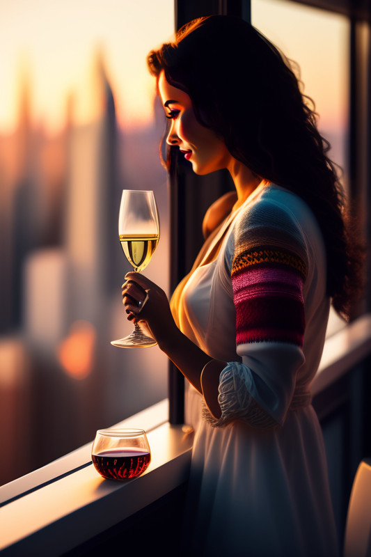 Beautiful woman standing over skyline with wine on — Postimages