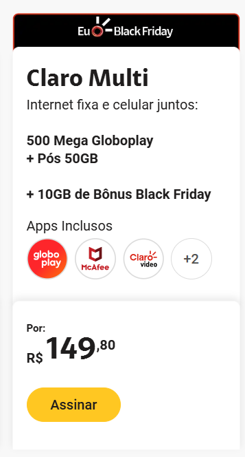 [ClaroBlack[ 500MB + 50GB Pós + GloboPlay = 134,80