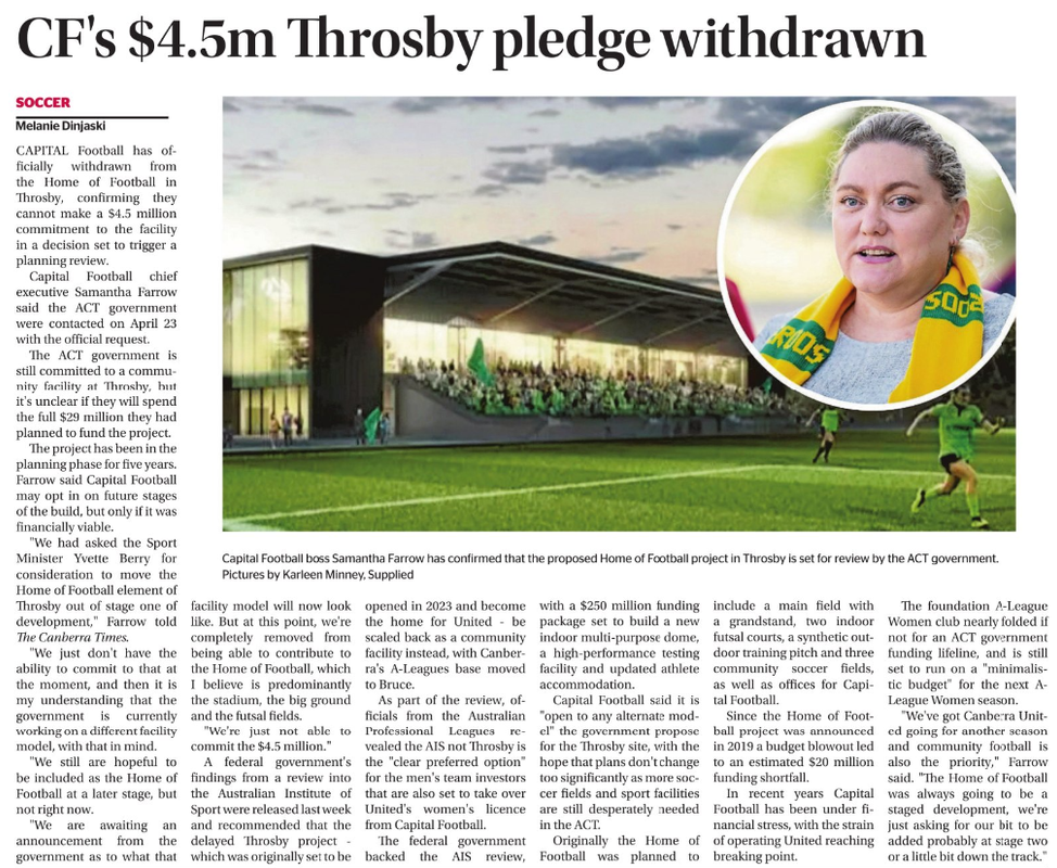 'Disappointing': Government shifts Throsby plans as Capital Football ...