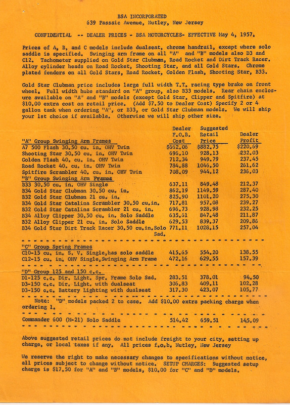 1957 BSA May 4th Price List — Postimages