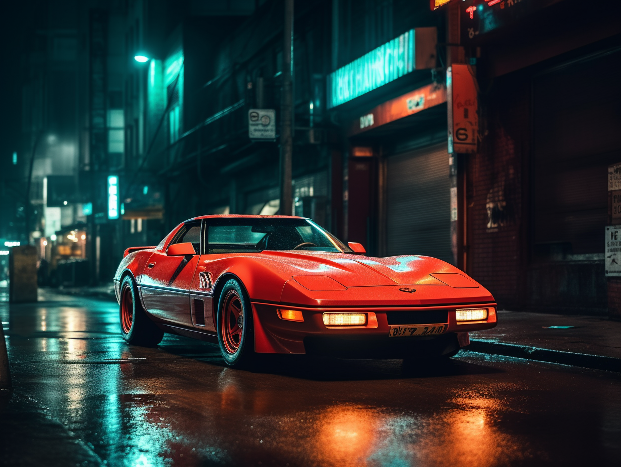 homyakny1 red c4 corvette in a neon city at night shot with a s ...