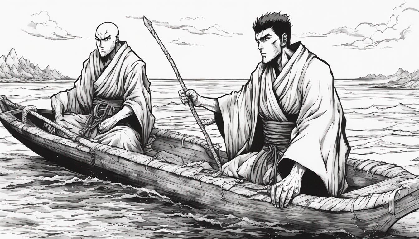 1 monk and 1 man on boat manga inked style berser by oujimishima ...