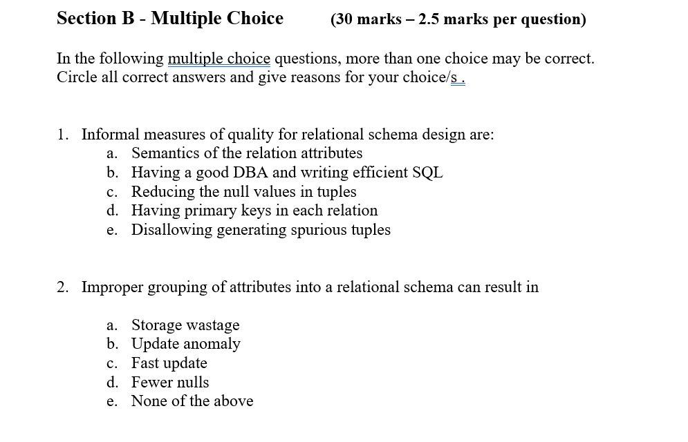 Solved Section B - Multiple Choice (30 marks - 2.5 marks per | Chegg.com