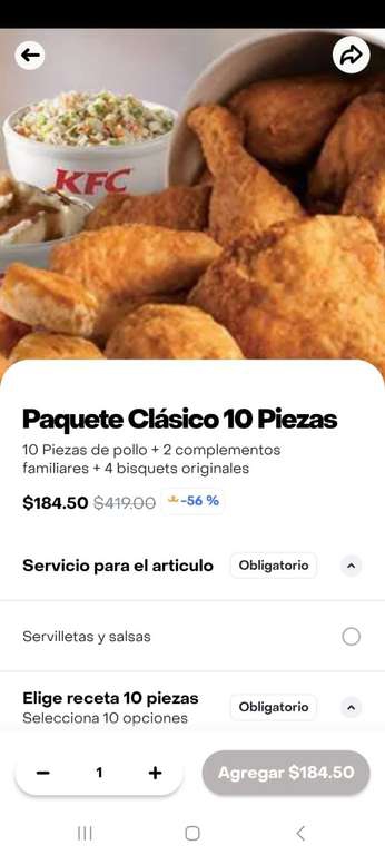 Paquete Rappi y KFC Classic 10 piezas