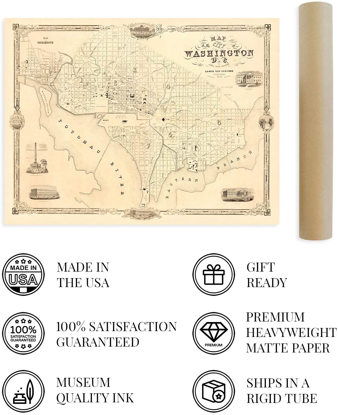 1850 Washington DC Vintage Map - City of Washington DC USA Wall Art ...