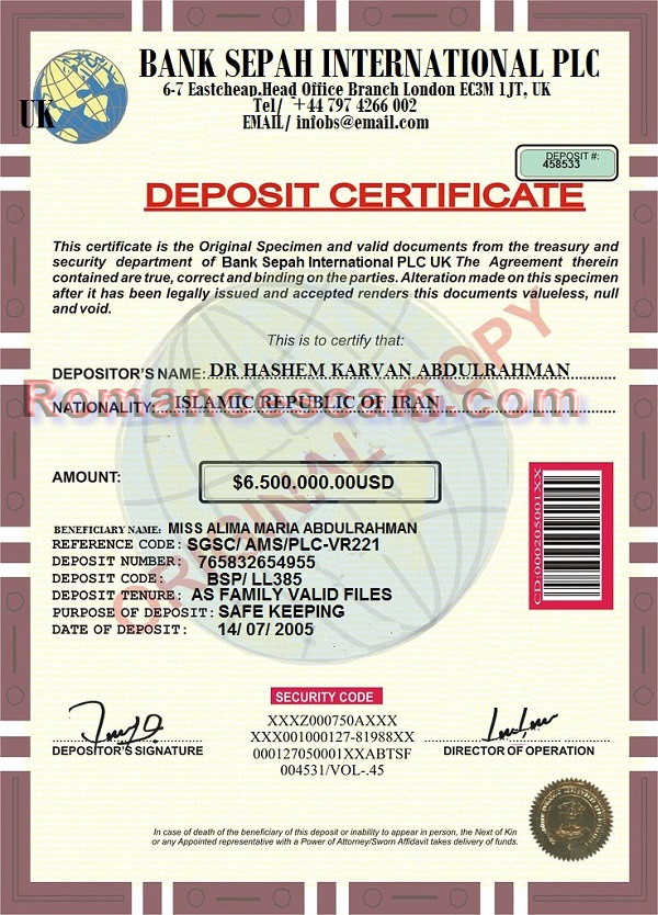 Deposit Cert — Postimages