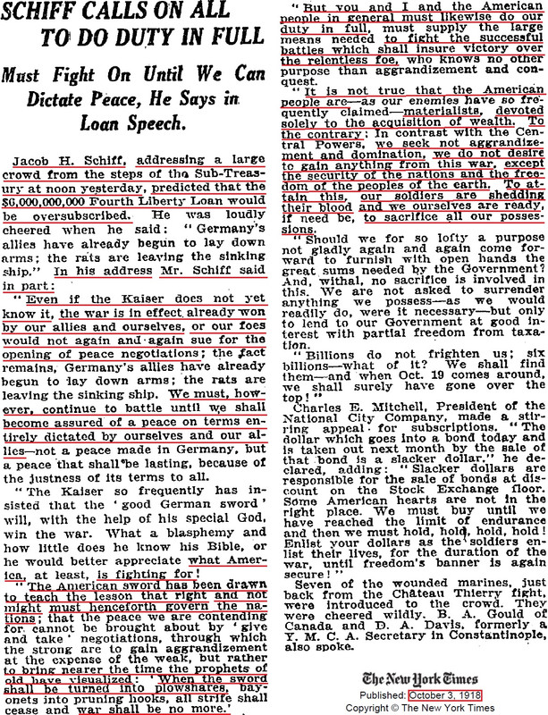 WW1 The New York Times October 1918 Jacob Schiff Germany s defeat the ...