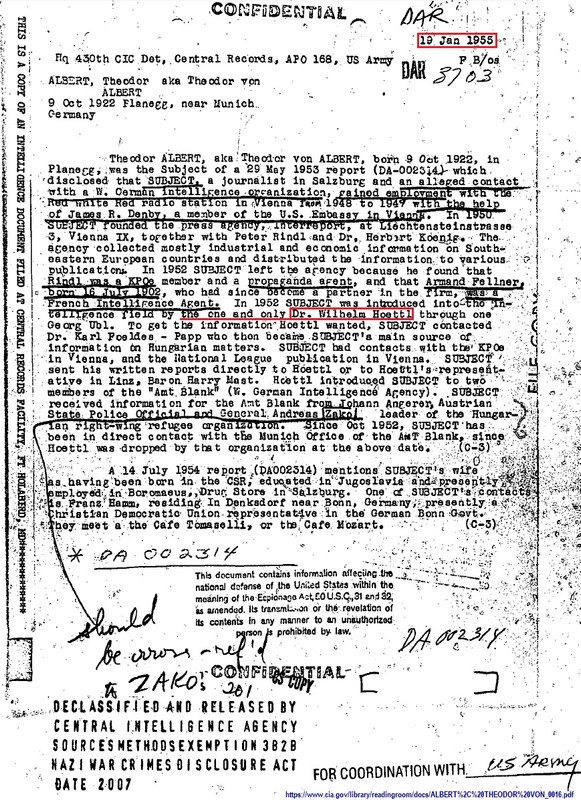Holocaust Declassified CIA document January 1955 Theodor von Albert the ...