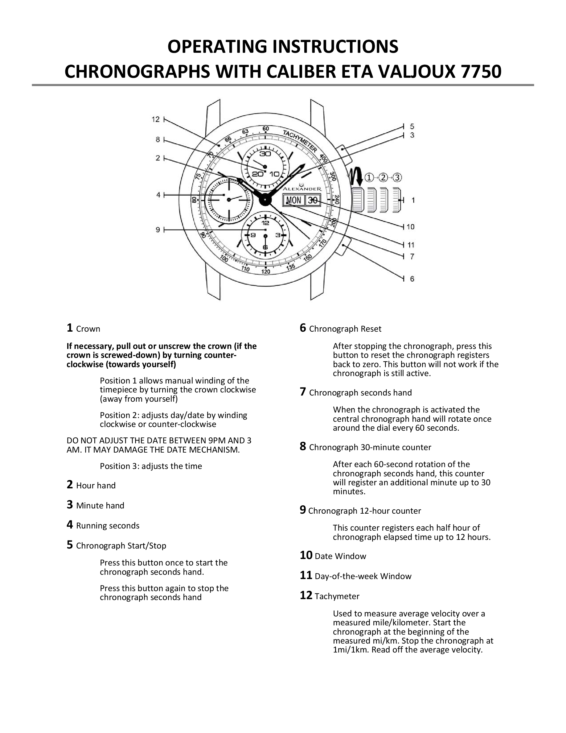 OPERATING INSTRUCTIONS ETA VALJOUX 7750 — Postimages