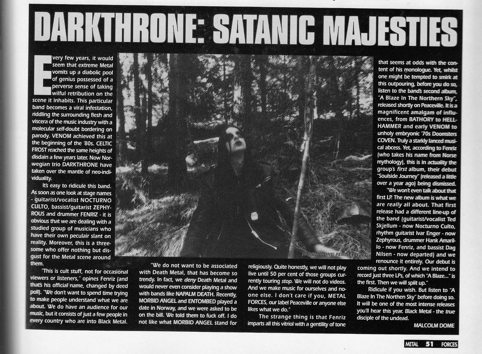 Darkthrone (Nor) - in Metal Forces #69 (1992 Feb) [UK Zine] • Heavy ...