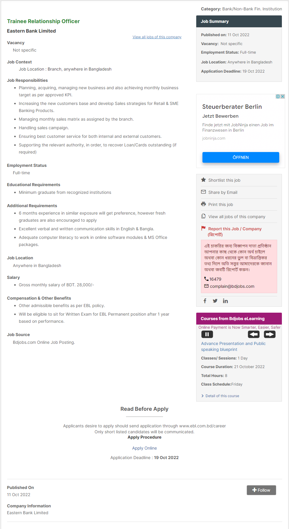 Eastern Bank Limited EBL Job Circular 2022 - bdgovtjobs.com