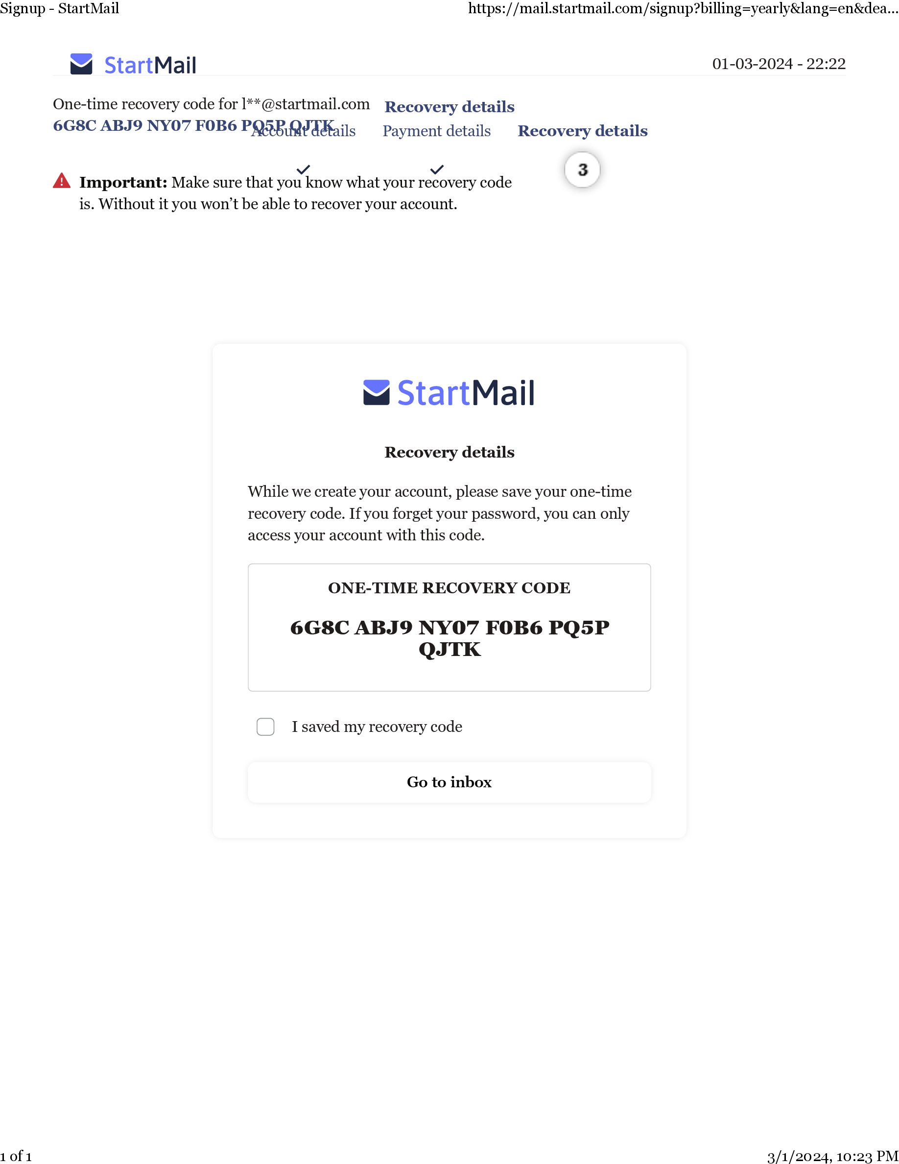 start mail recovery code — Postimages