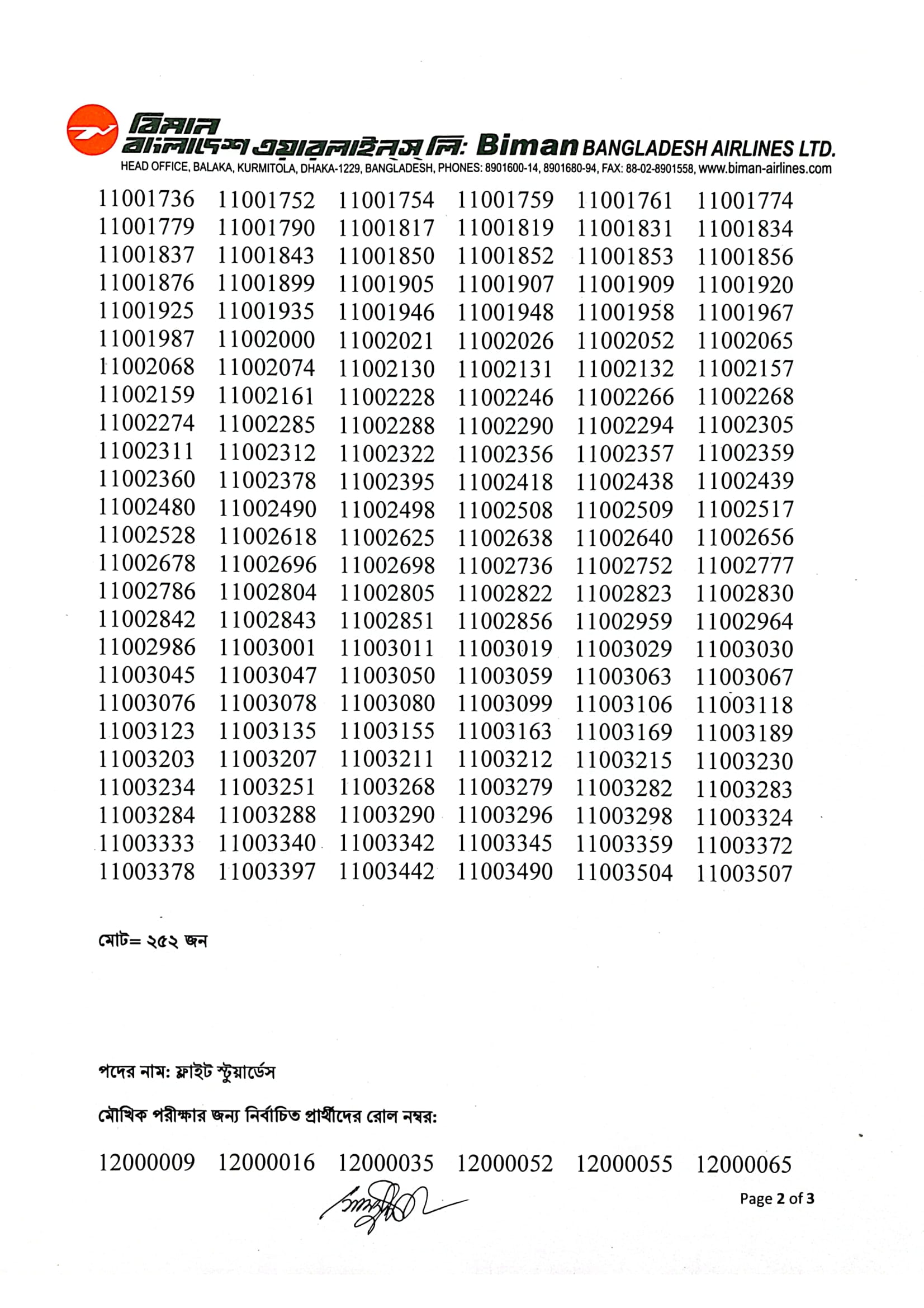 Biman Bangladesh Airlines Flight Steward Exam Result 2025 PDF 2 ...