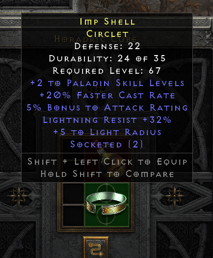 2 Paladin Skills, 20% Fcr, 2 Socket Circlet - Ft - Topic - d2jsp