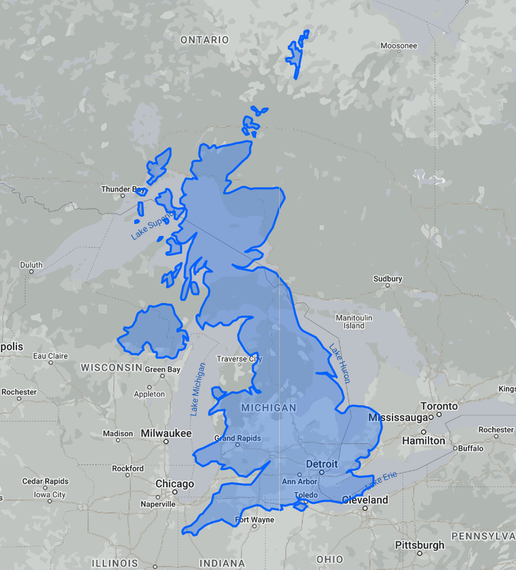 Michigan Compared to the UK (Including Lake Boundaries) : r/grandrapids
