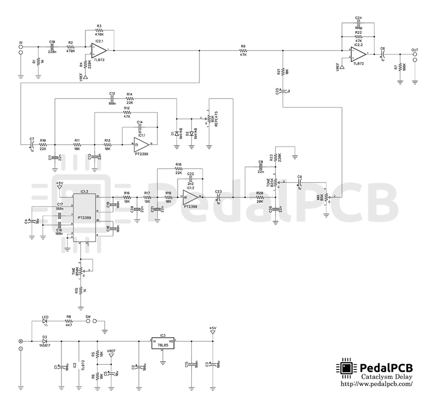 Intentional OD/DS into a basic PT2399 delay.