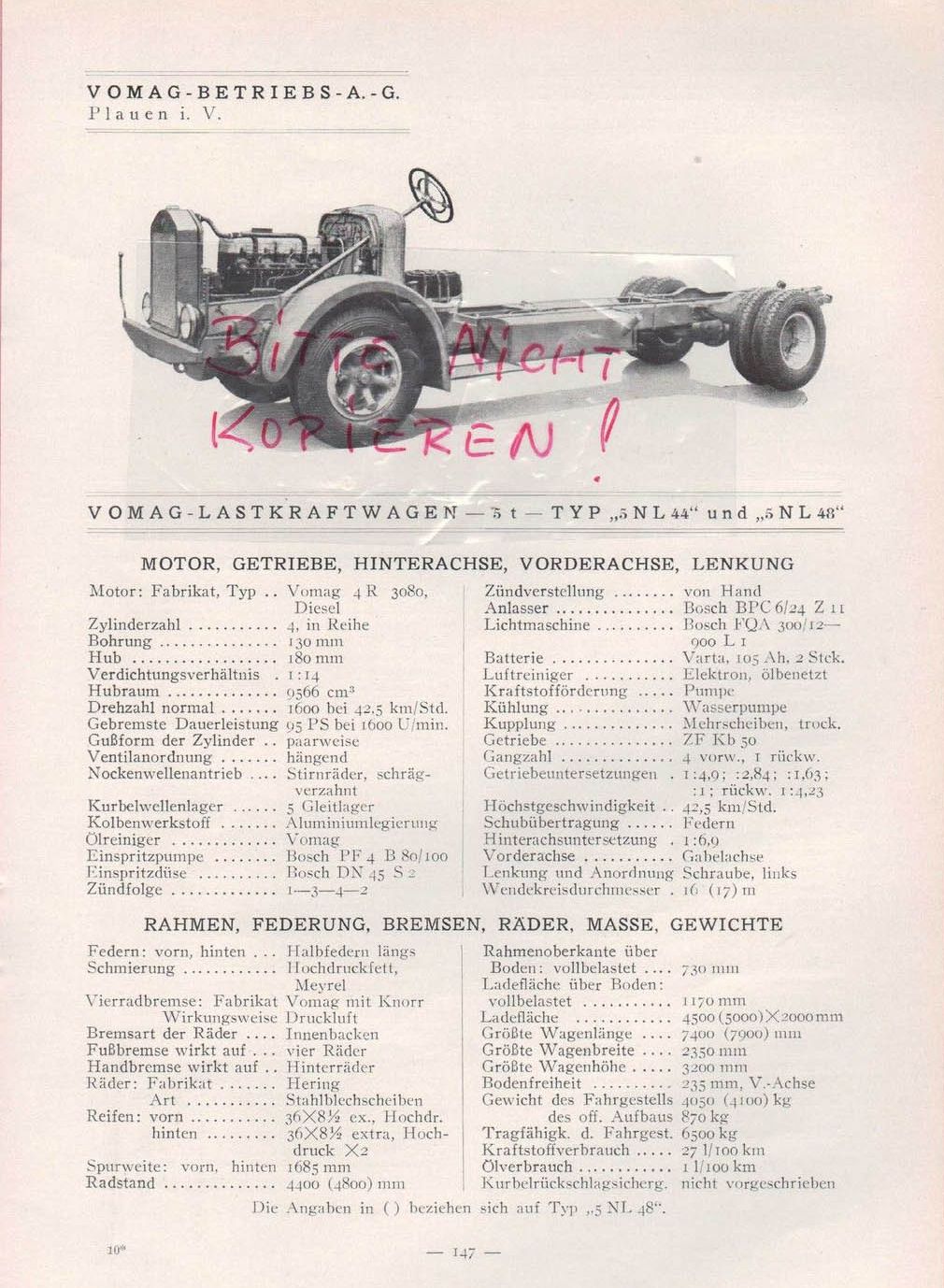 Vomag 5 NL chassis factory specs sheet 1934 — Postimages