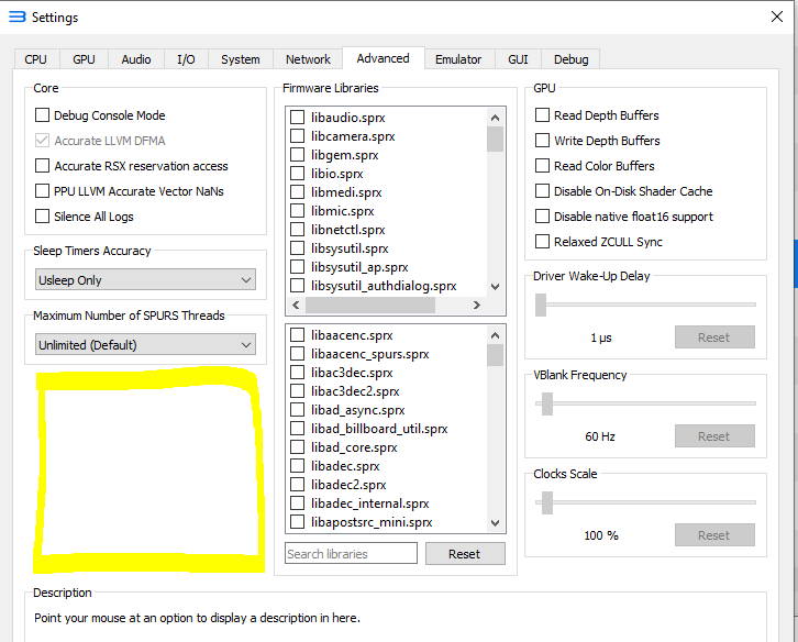 RCPS3 configuration: some missing options in my emulator version?