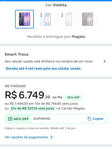 [MagaLu] Samsung Galaxy S26 256GB Violeta - R$ 4096,46 no Pix | hardMOB