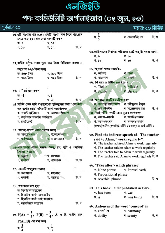 LGED Community Organizer Question Solution 2023 - My Classroom