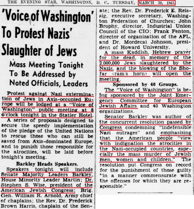 Holocaust The Evening Star March 1943 Voice of Washington to protest ...