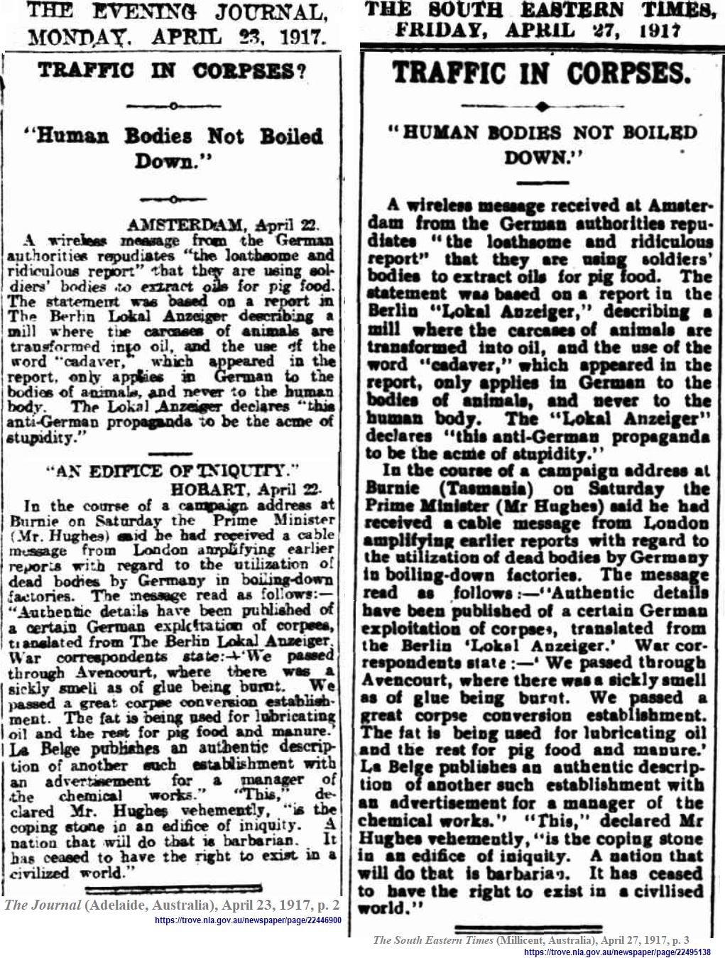 WW1 Australian newspapers April 1917 Corpse Factory Story Traffic in ...