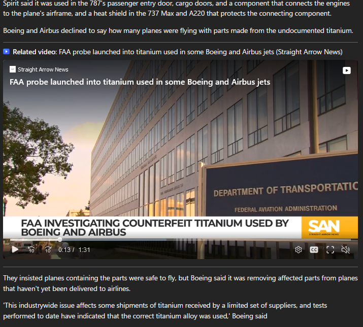 Airbus/Boeing planes used fake titanium from China