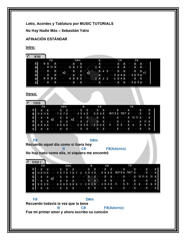 No hay nadie más Sebastian Yatra Letra y Acordes by MUSICTUTORIALS page ...