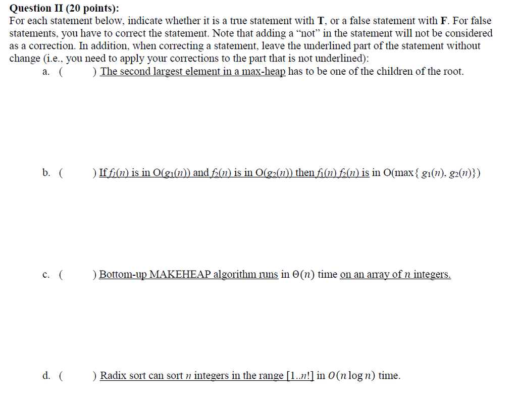 Solved Question II (20 points): For each statement below, | Chegg.com