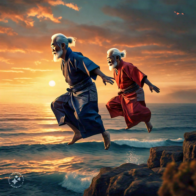 two handsome asian old men cliff diving — Postimages