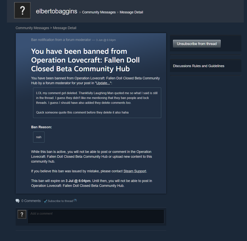 Banned from a steam community. Reason: "nah" :: Help and Tips