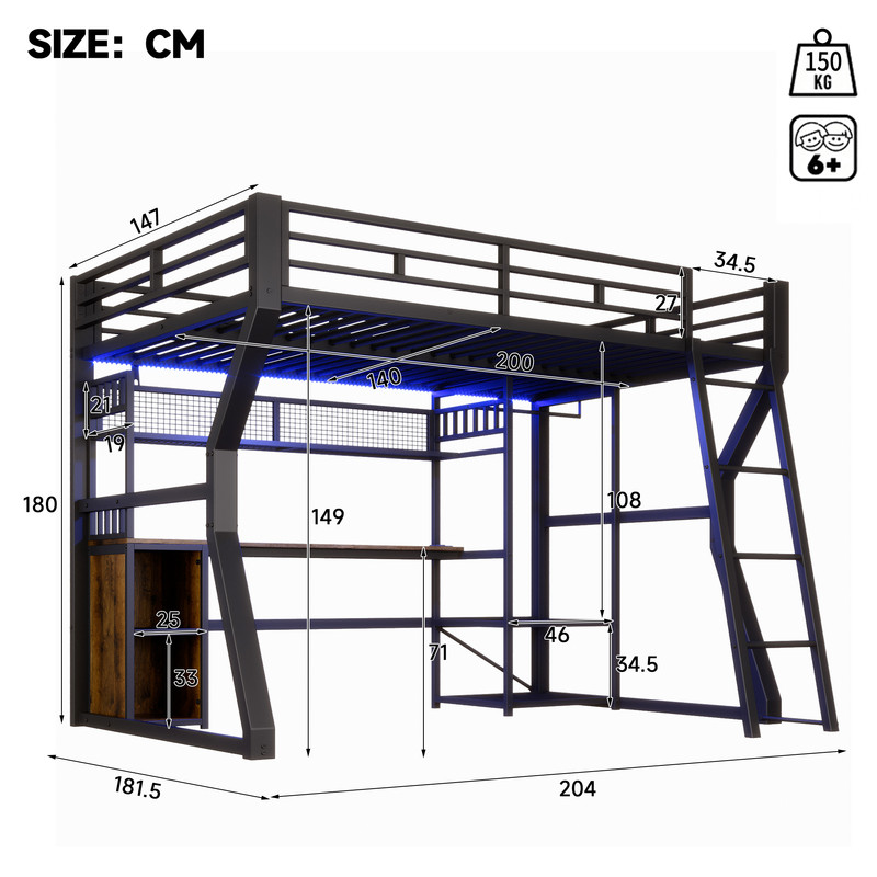 Lit mezzanine fer 140x200cm, avec led, prise électrique, penderie ...