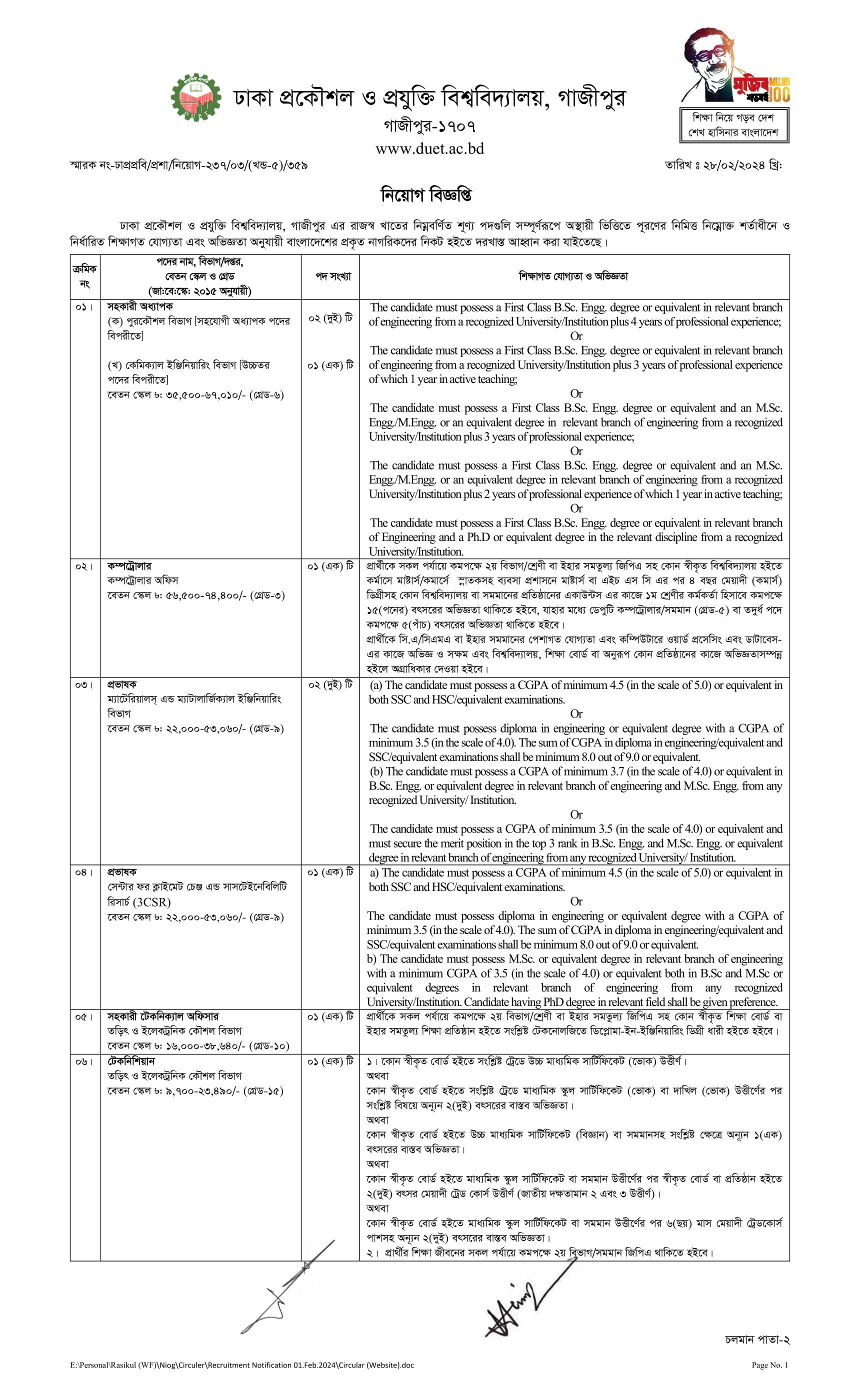 Dhaka University of Engineering & Technology DUET Job Circular 2024 www ...