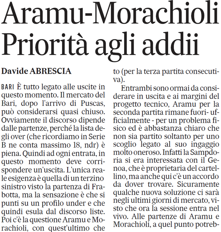 Solobari.it • 23/01/24 - Aramu-Morachioli: priorità agli addii Solobari.it • 23/01/24 - Aramu-Morachioli: priorità agli addii
