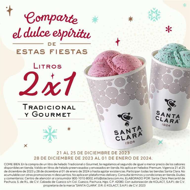 Helados Santa Clara: 2x1 en Litros de Helado Tradicional y Gourmet (21 al 25 de diciembre y del ...
