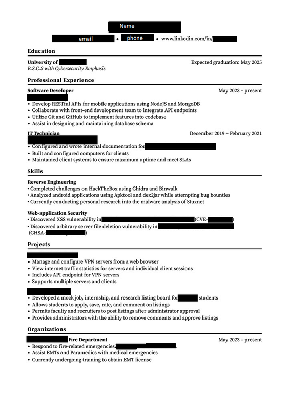 Looking for resume feedback Targeting Cybersecurity internships : r/ITCareerQuestions