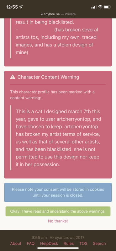 Beware: ArtCherryOnTop; thief & ToS violations on Toyhouse