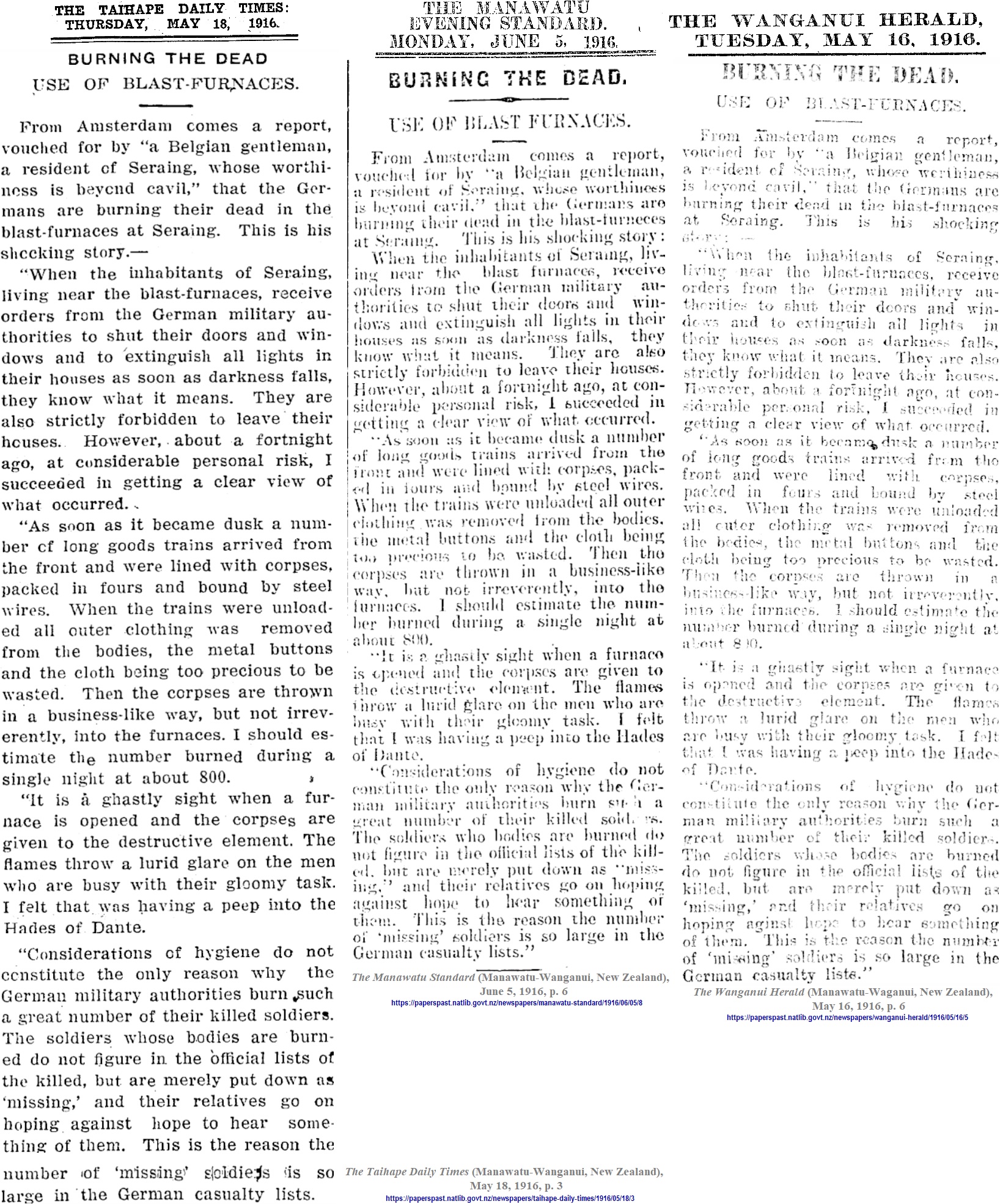 WW1 New Zealand newspapers May June 1916 Corpse Factory Story Burning ...