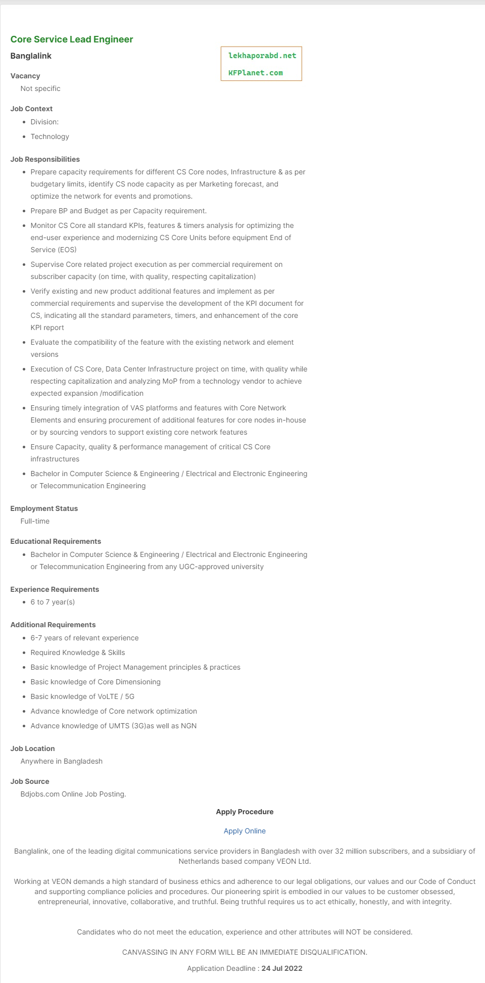 Banglalink Job Circular 2022 - Lekhapora BD Jobs